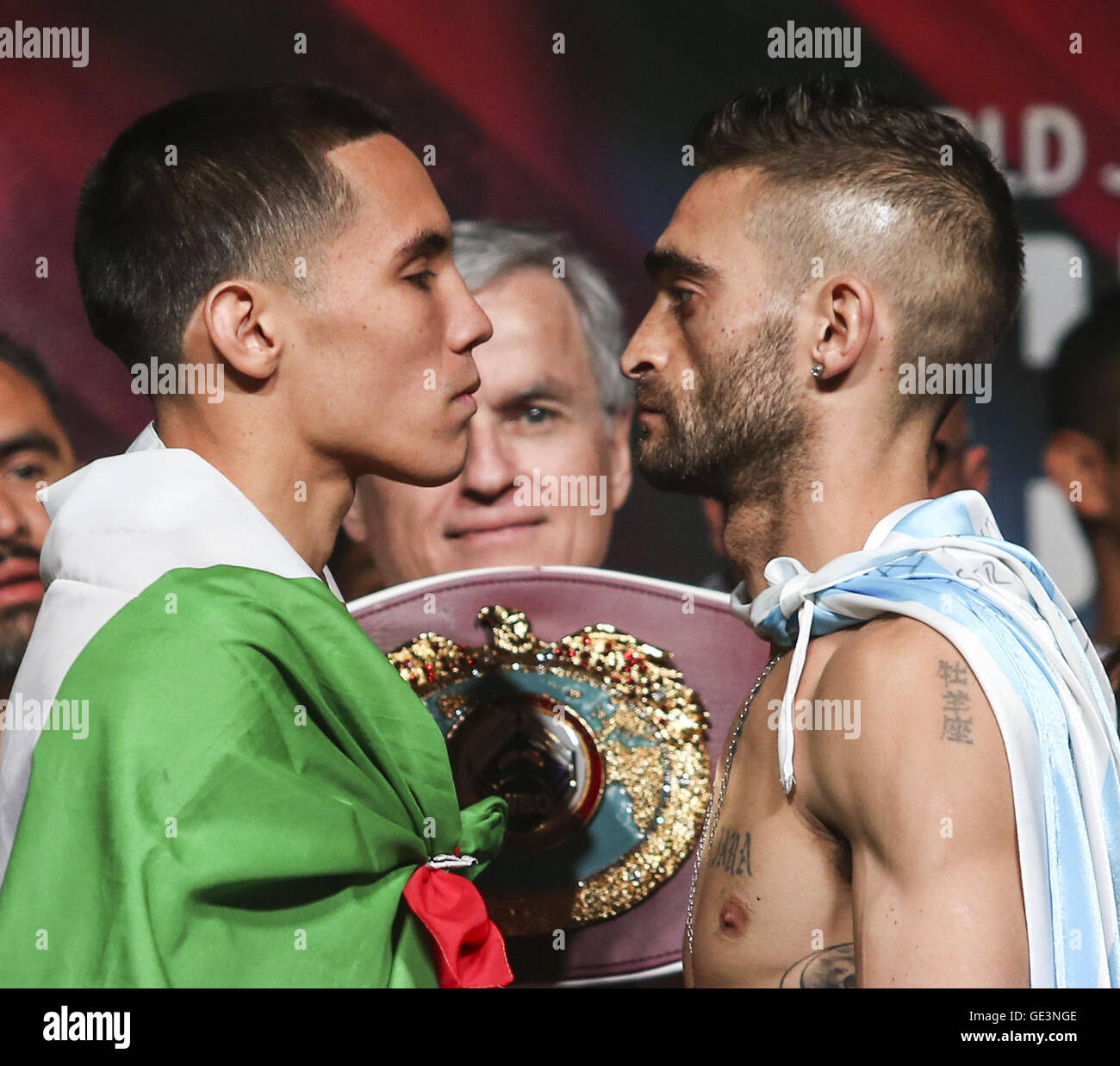 Las Vegas, Nevada, USA. 22nd July, 2016. Opponents Matias Rueda and Oscar Valdez, Jr. face off ...