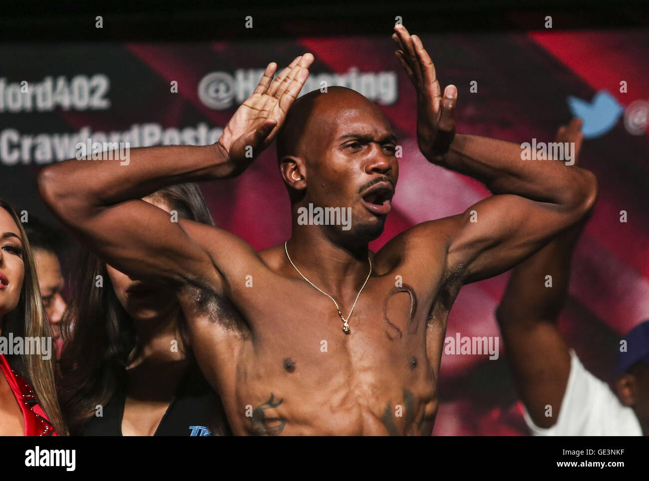 Las Vegas, Nevada, USA. 22nd July, 2016. Edward Williams steps on the scale during the ...