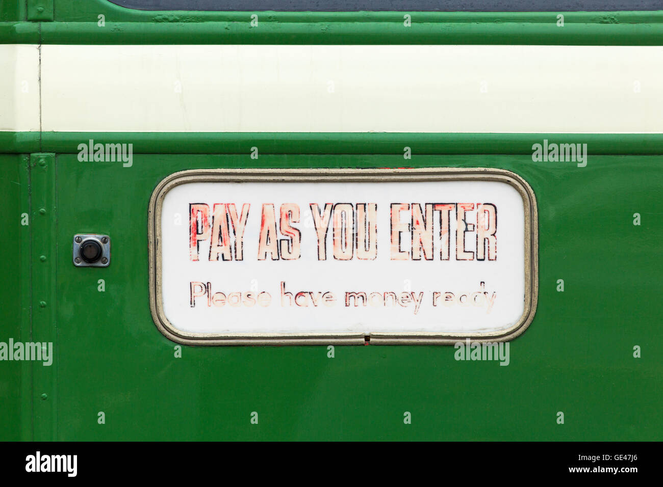 Pay as you enter please have money ready faded sign on bus at Poole to ...