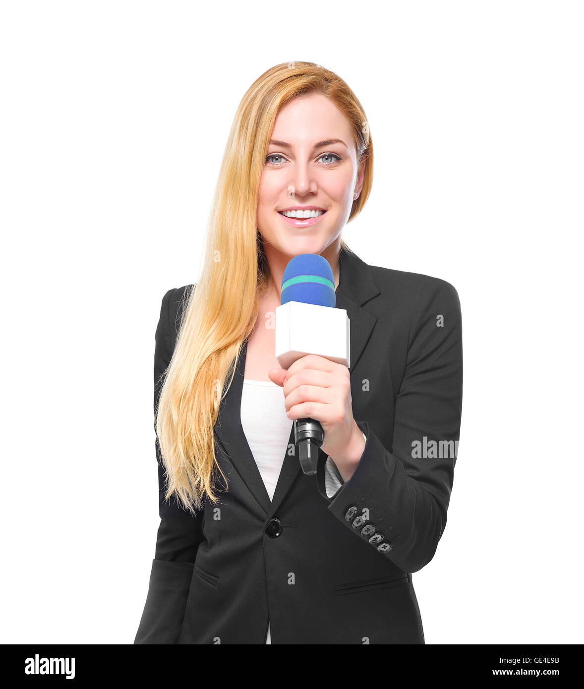 Attractive blonde TV presenter holding a microphone. Isolated on white ...