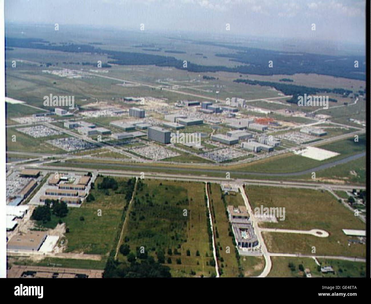 This aerial view shows the ongoing construction at NASA’s Manned ...