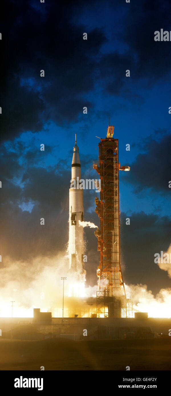 Apollo 4, the first unmanned flight of the Saturn V rocket, lifts off from Kennedy Space Center ...