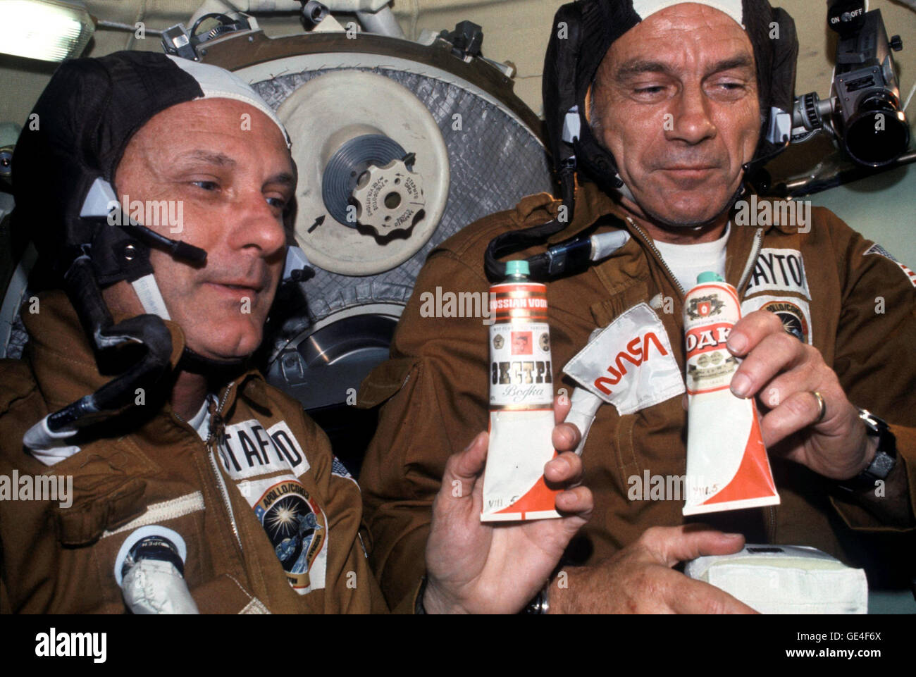 Astronauts are shown inside the Soyuz Orbital Module, a component of ...