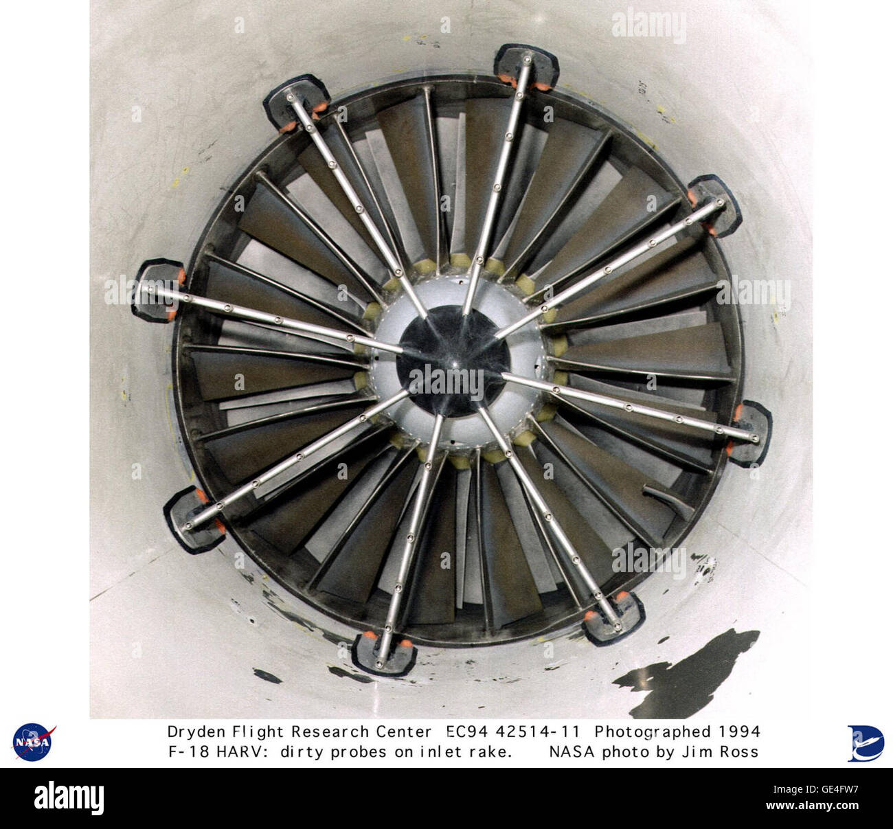 A close-up view of the F-18 HARV aircraft, showing probes attached to ...