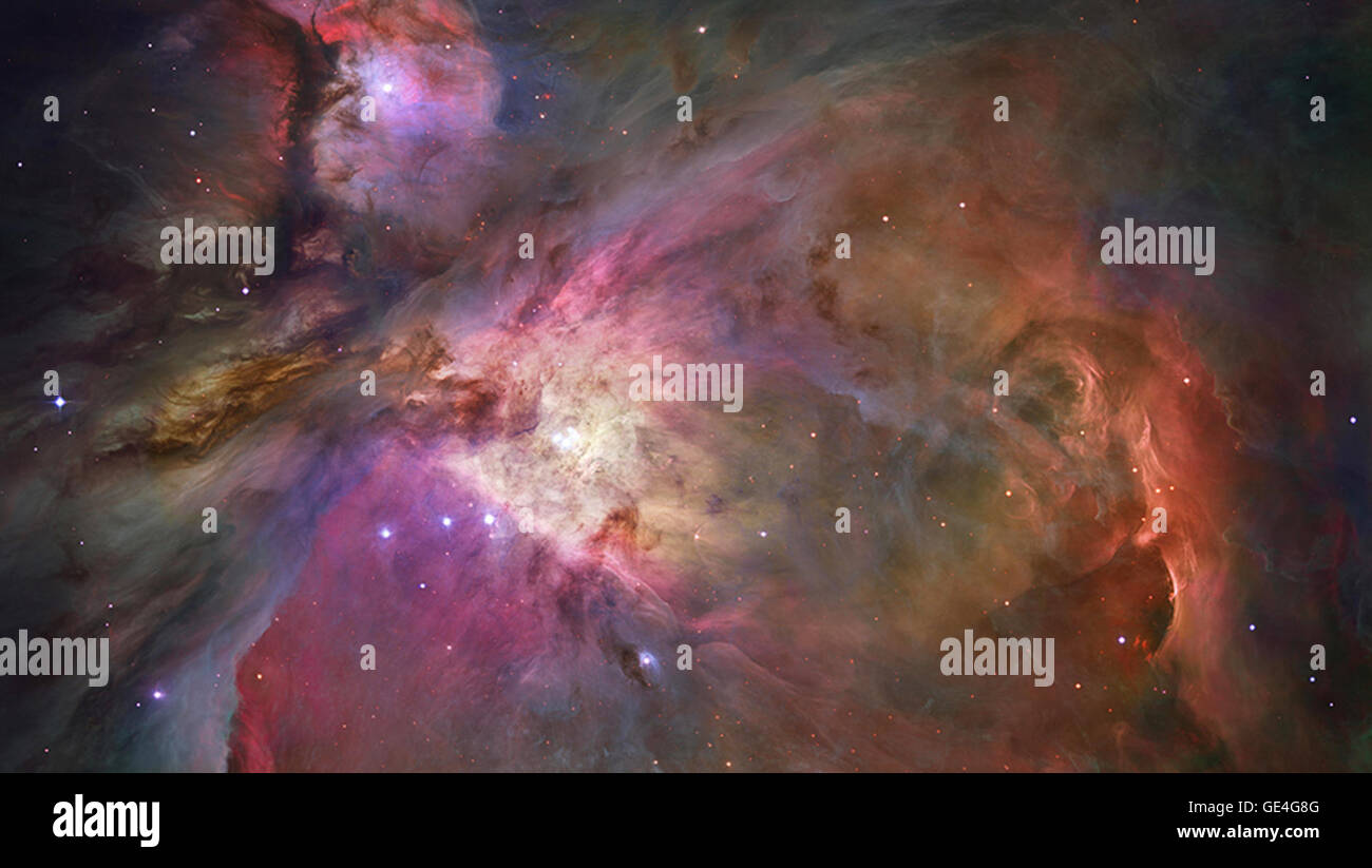 The Orion Nebula, captured by the Hubble Space Telescope, shows ...