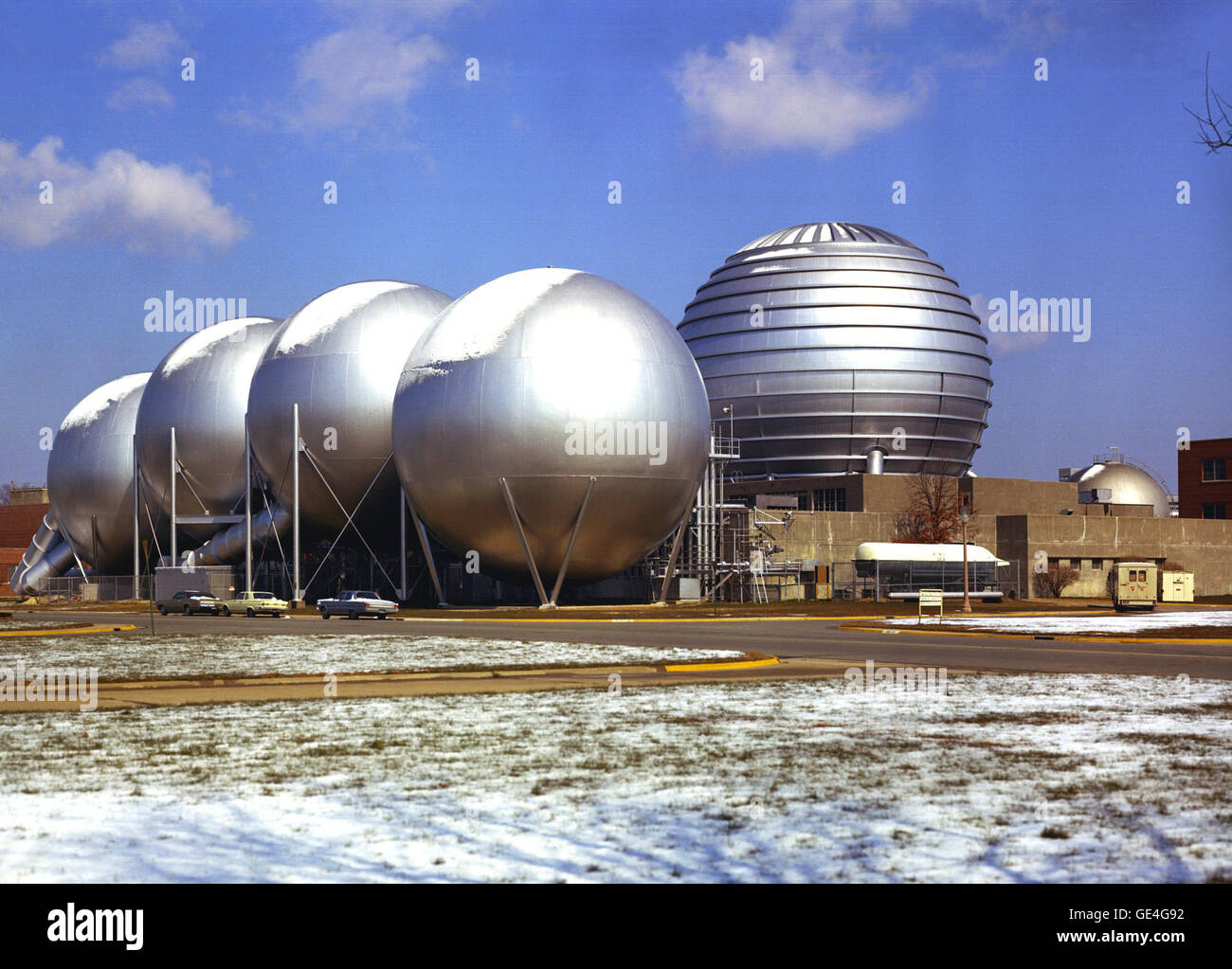 A winter view in 1969 shows the large vacuum spheres at NASA’s ...