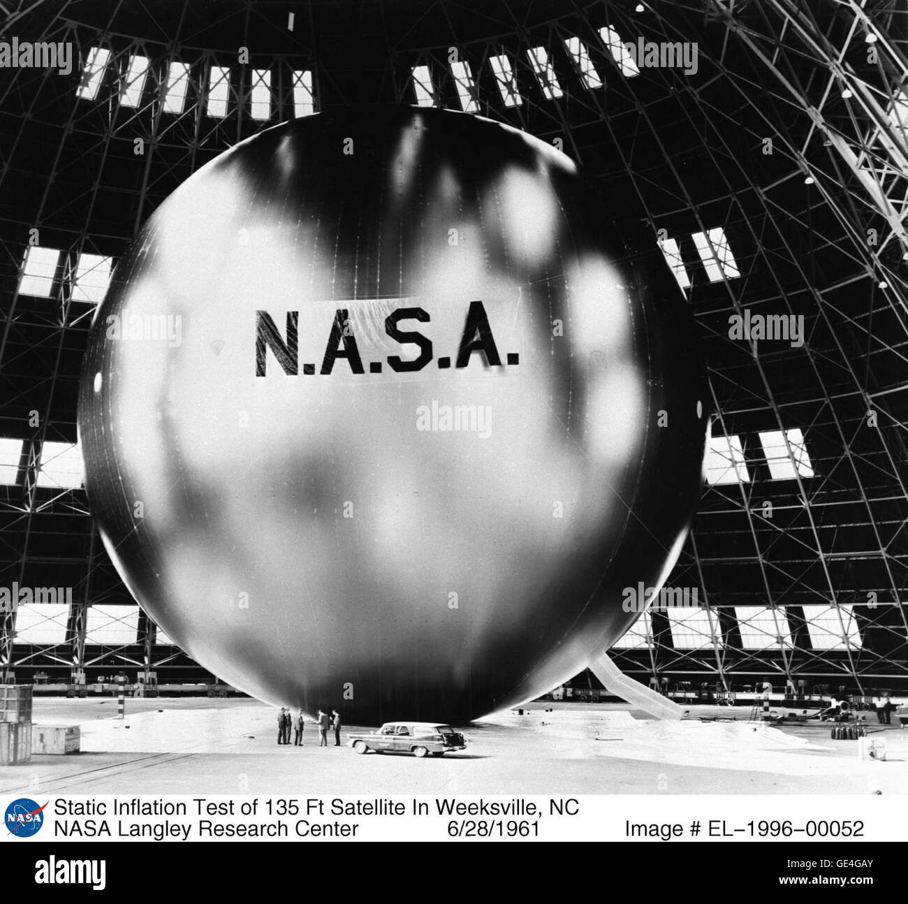 An inflation test is conducted on a 135-foot satellite at Weeksville ...