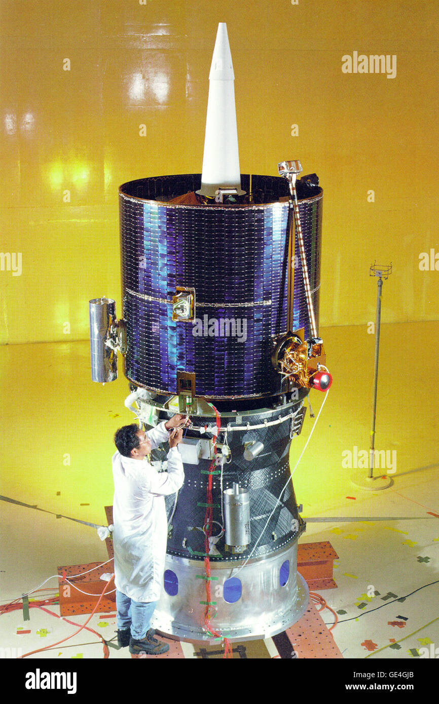 The fully assembled Lunar Prospector spacecraft is shown mated atop the ...