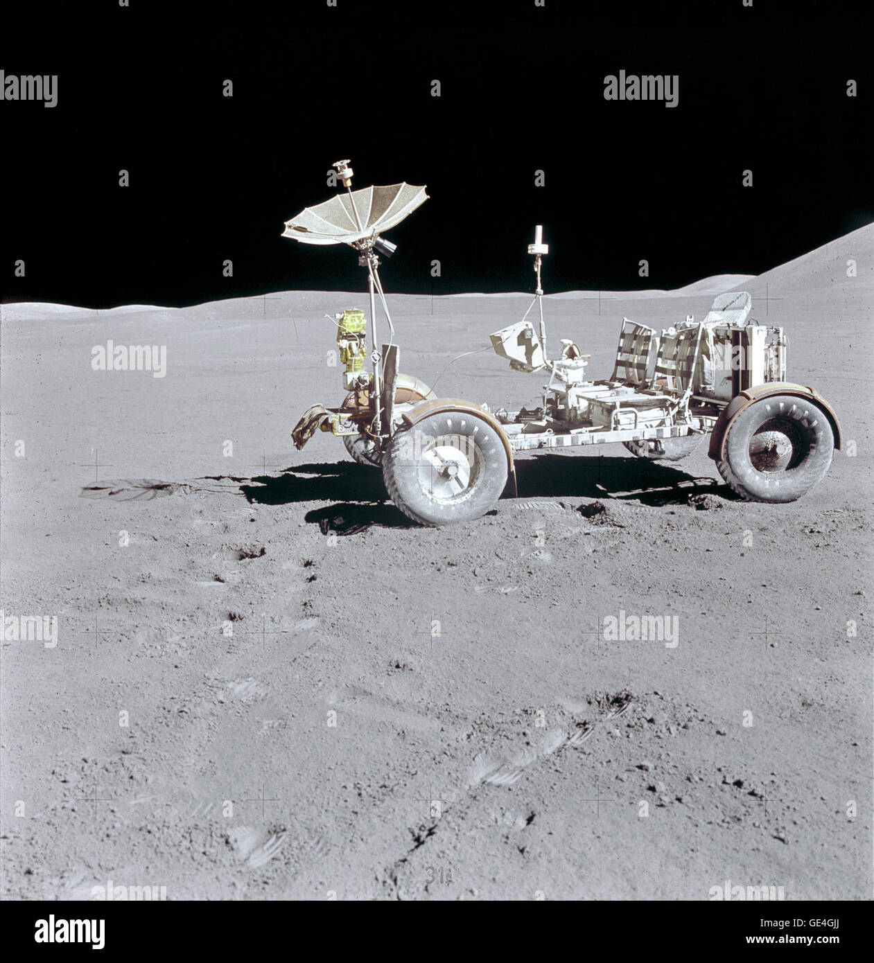 The Lunar Roving Vehicle (LRV) is shown during an Apollo 15 EVA on the ...