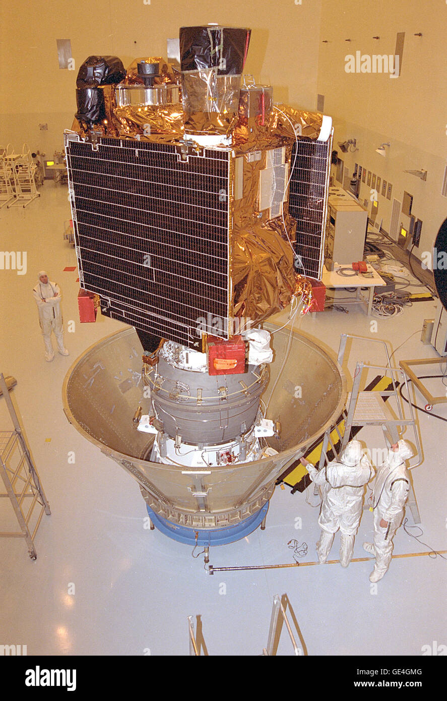 JPL workers prepare the Mars Global Surveyor spacecraft for its ...