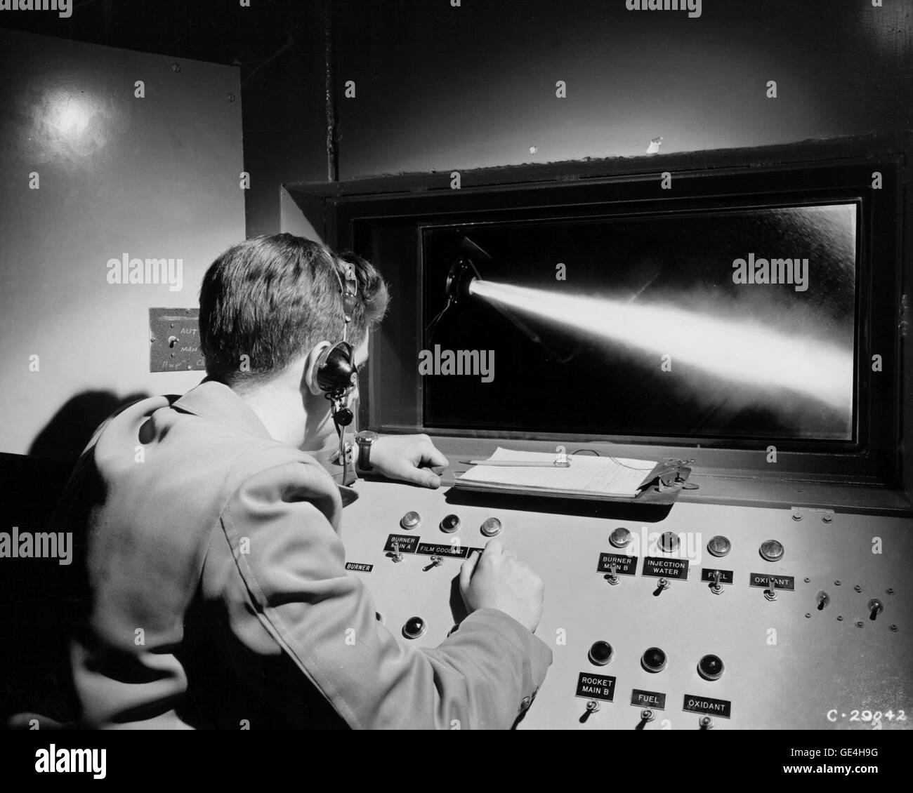 This image shows rocket propulsion work being conducted at the Lewis ...