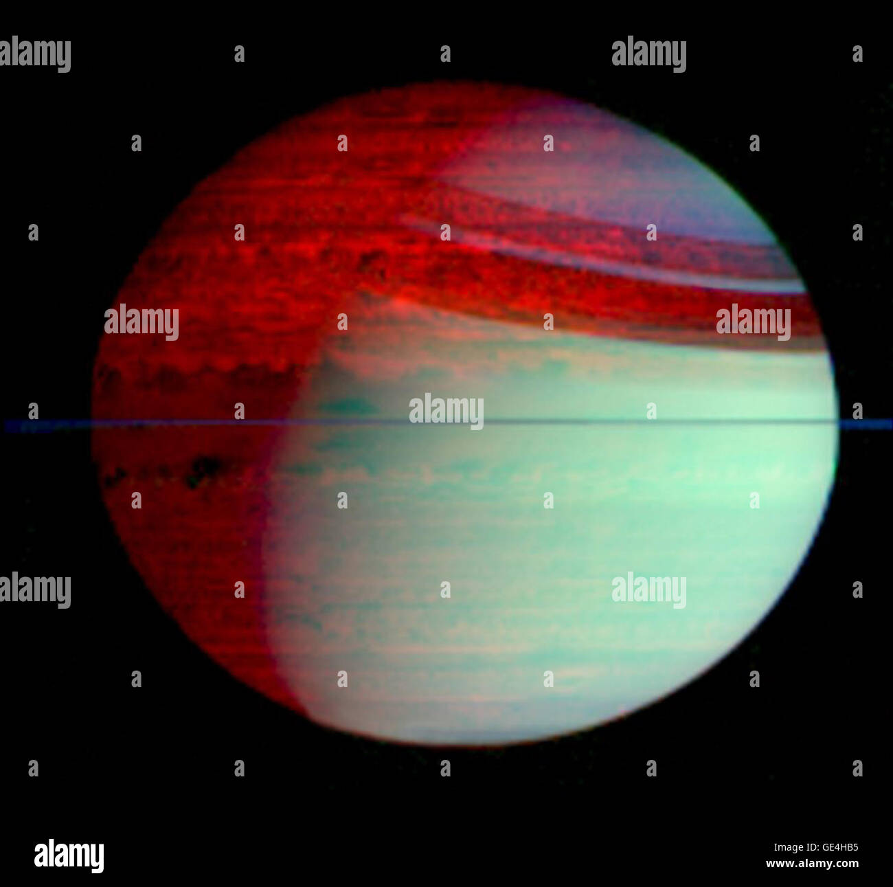 This image shows the silhouette of Saturn’s rings against its clouds, captured by spacecraft ...