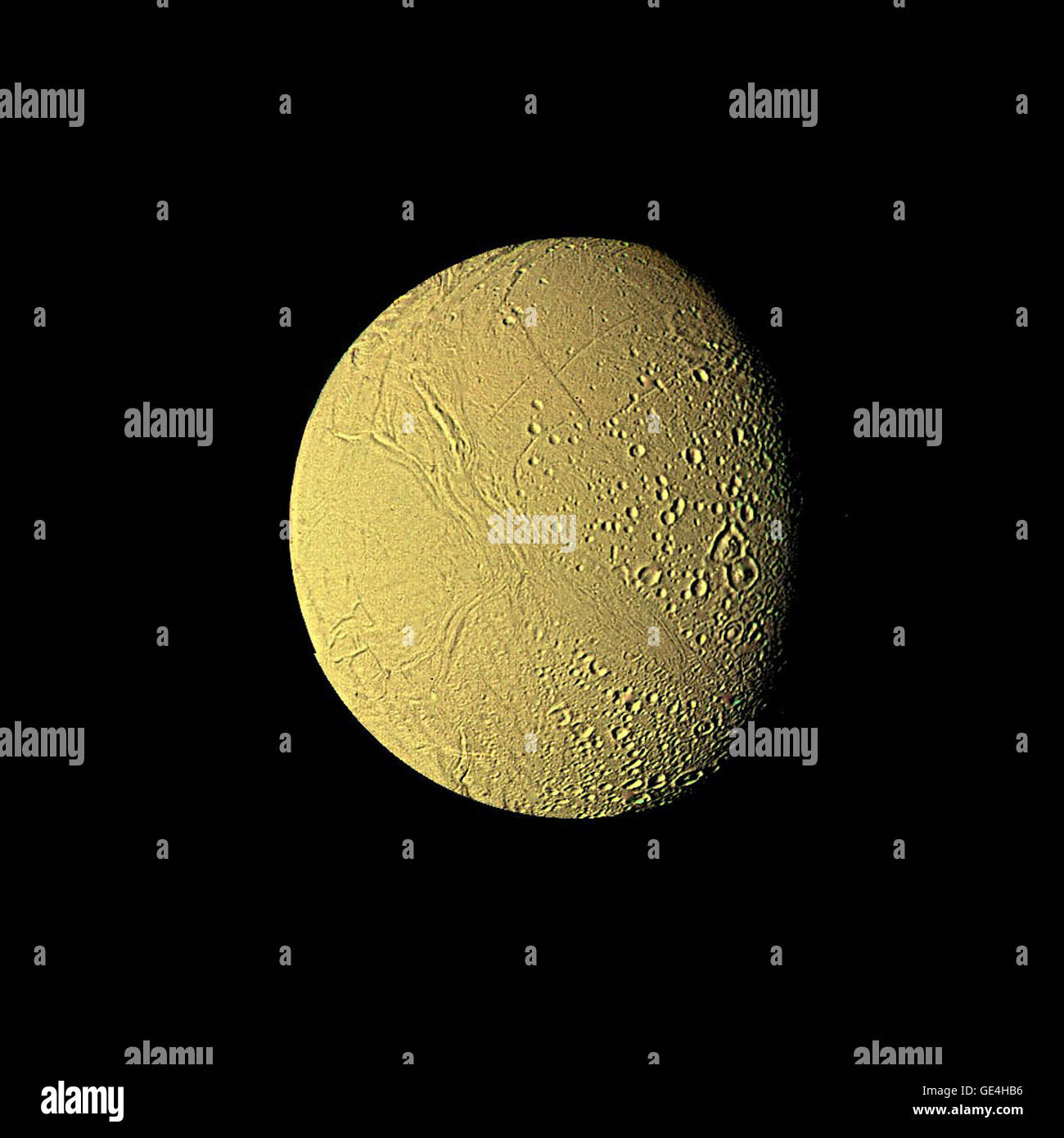 This image shows *Enceladus*, a moon of Saturn, known for its icy ...