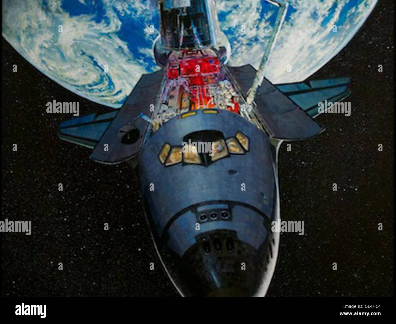 This image shows technicians servicing the Hubble Space Telescope ...