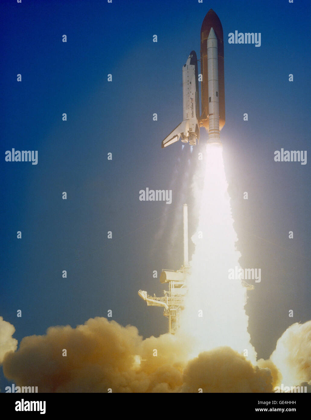 This photograph captures the launch of the Space Shuttle Challenger on ...