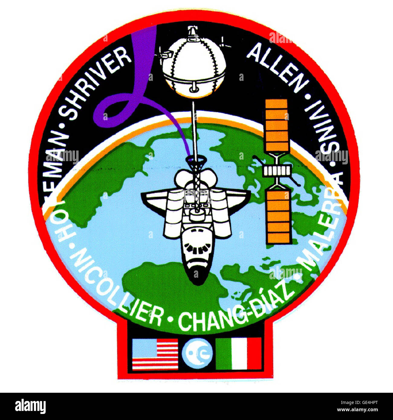 A photograph from NASA's STS-46 mission, showing the space shuttle Atlantis in orbit. The image ...