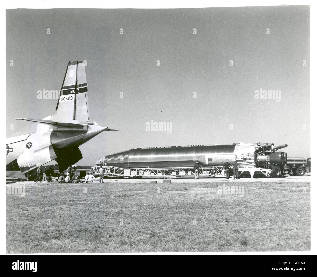(April 23, 1961) The Atlas launch vehicle is shown being unloaded at ...