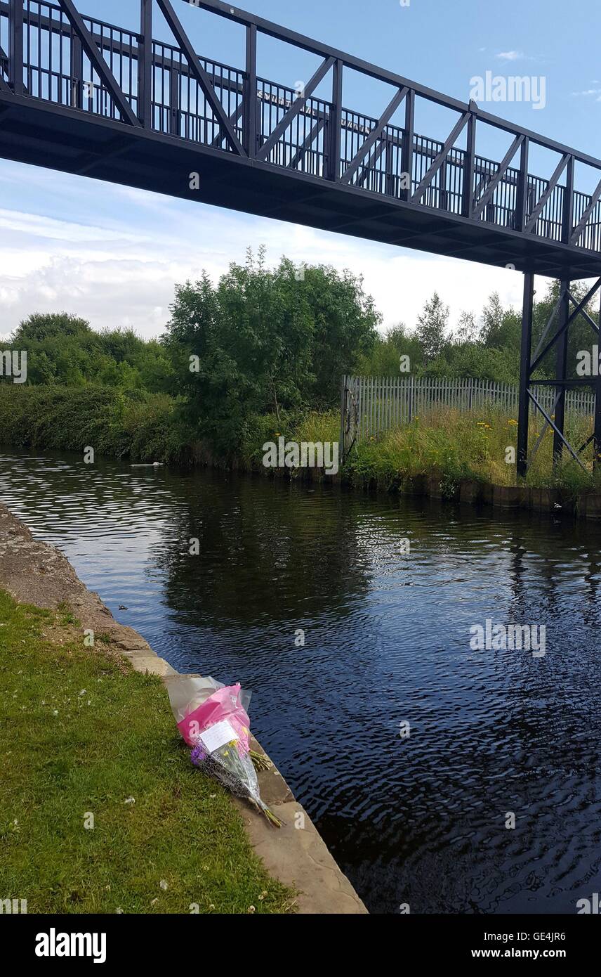 A floral tribute left by the canal at Parkgate, Rotherham, close to ...