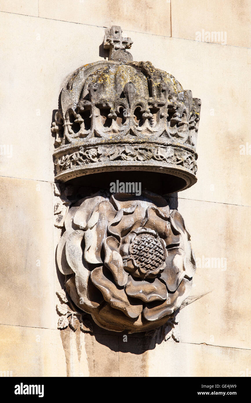 A carving of a Royal Crown and Tudor Rose on the exterior of the ...