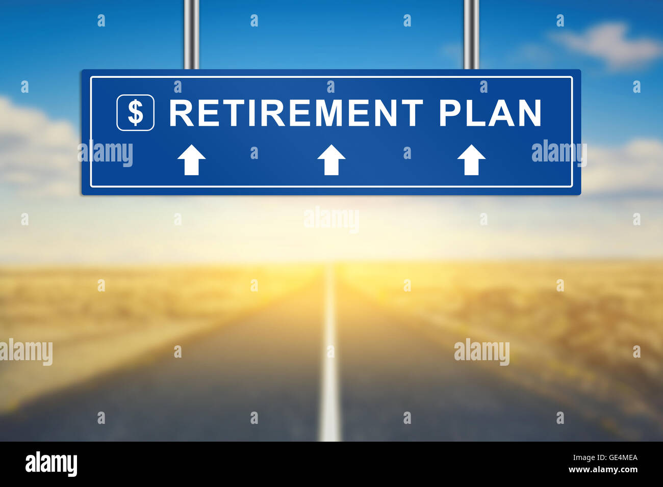 retirement plan words on blue road sign with blurred background Stock ...