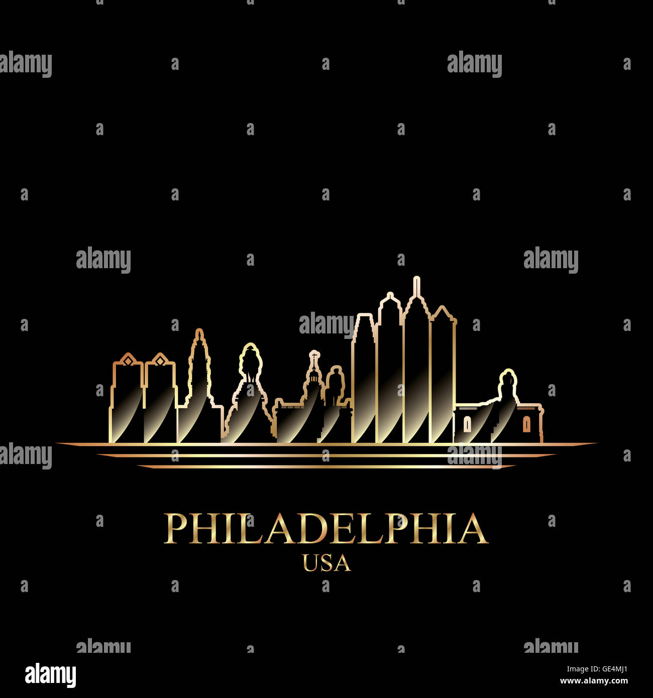 Gold silhouette of Philadelphia on black background Stock Photo - Alamy