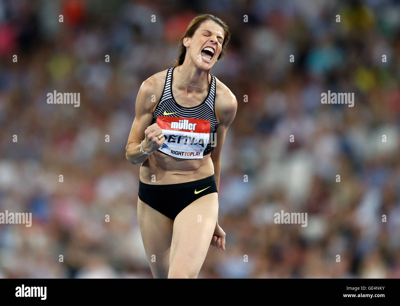 Spain's Ruth Beitia celebrates during the Women's High jump on day one ...