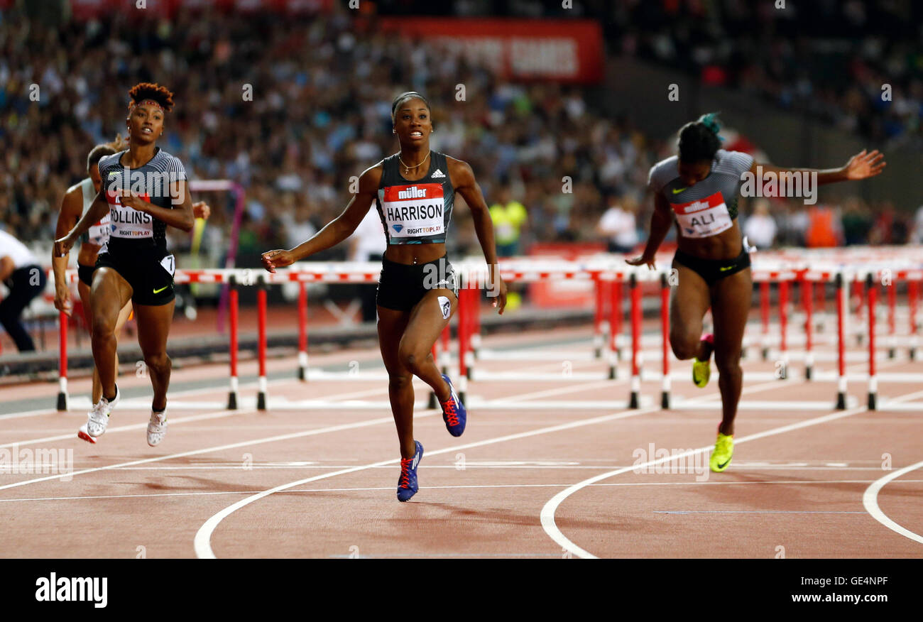 USA's Kendra Harrison sets a new world record as she wins the Women's 100m Hurdles final during ...