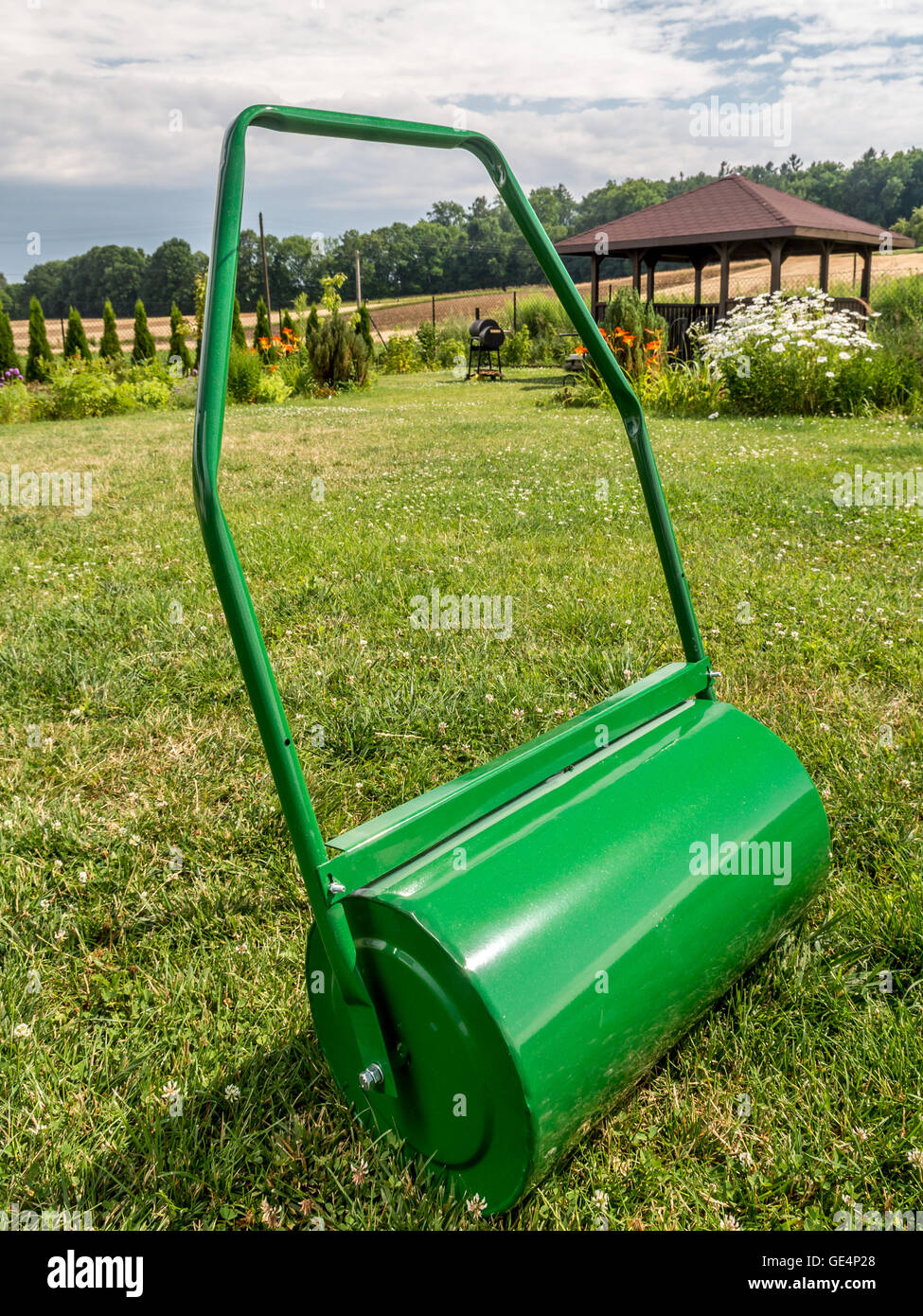 Green lawn roller ready to roll the garden lawn Stock Photo - Alamy