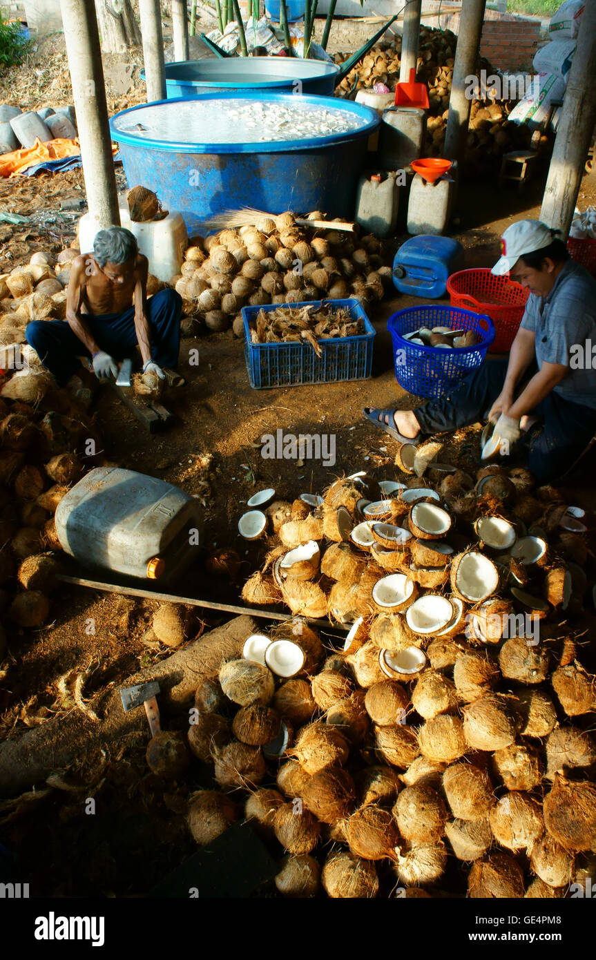 BEN TRE, VIET NAM, Asian worker working at coconut workshop with ...