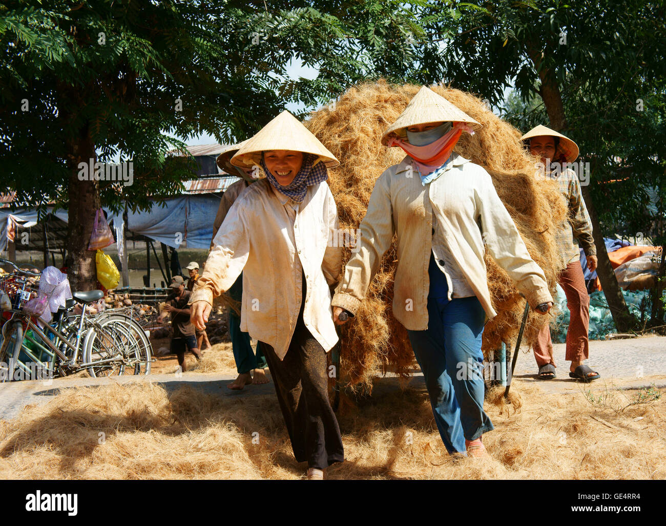 Group of Asian worker work hard at coconut fiber trade village Stock ...