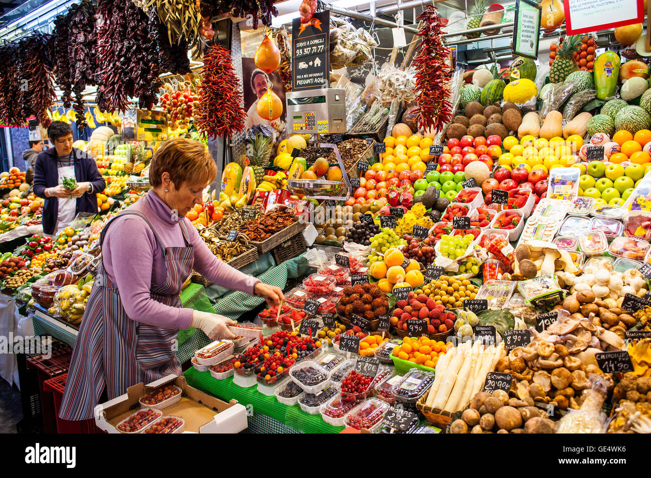 La Boqueria market, Fruits and vegetables stall, Barcelona. Catalonia ...