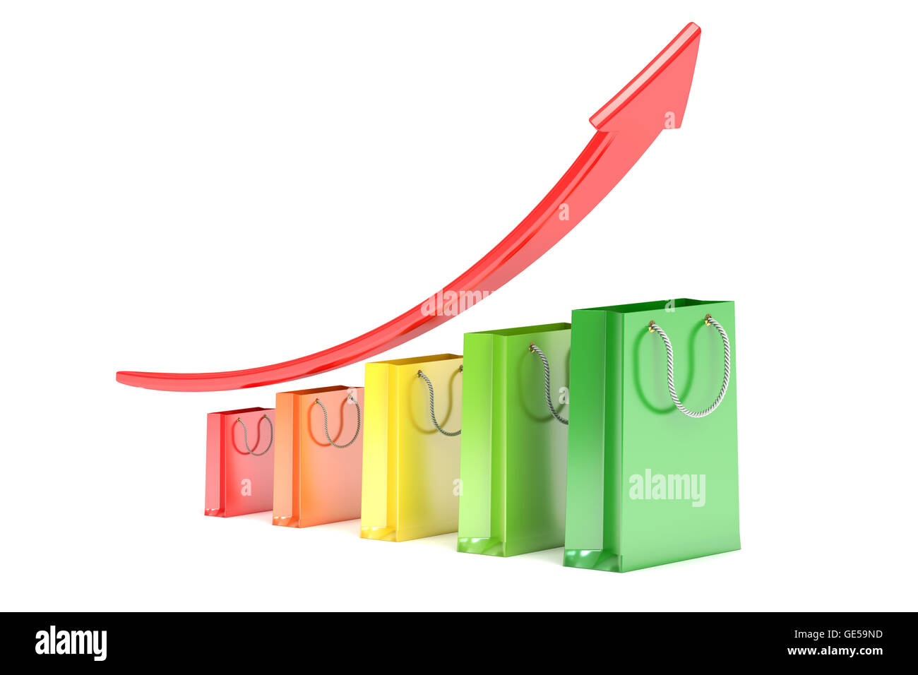 Growth red arrow with shopping bags, profit concept. 3D rendering ...