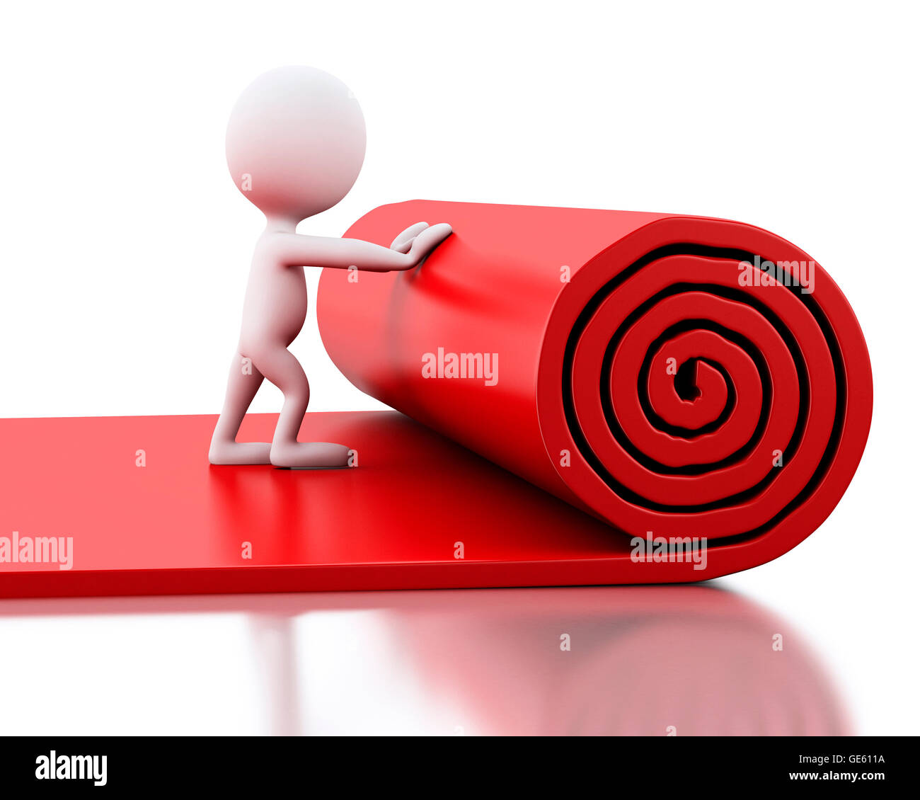 3d renderer image. White people rolling red carpet. Isolated white ...