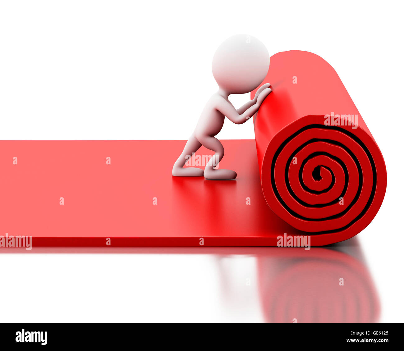 3d renderer image. White people rolling red carpet. Isolated white ...