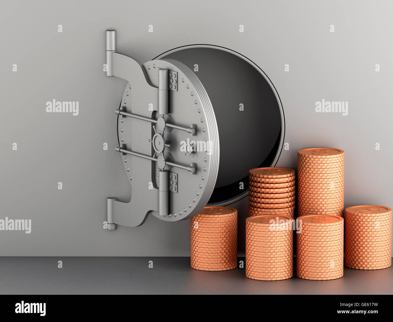 3d renderer image. Metallic bank vault with door open and coins ...