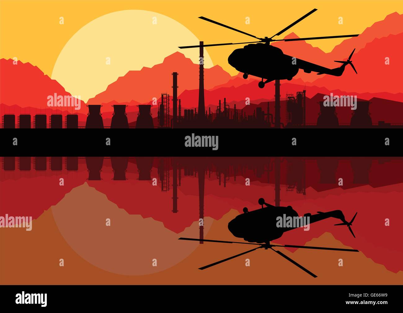 Industrial oil refinery factory landscape background with army ...
