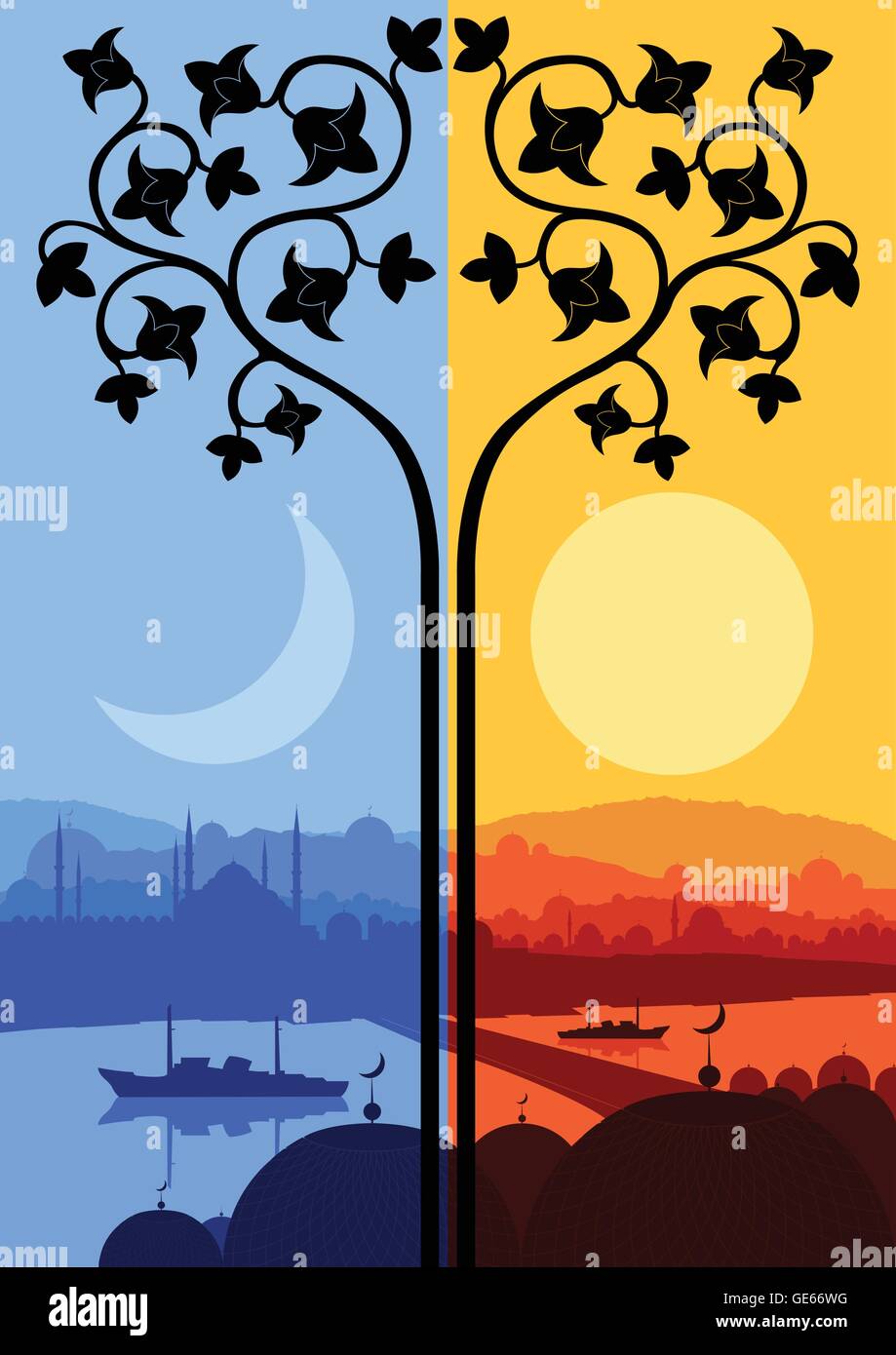 Vintage Arabic city landscape night and day cycle illustration ...