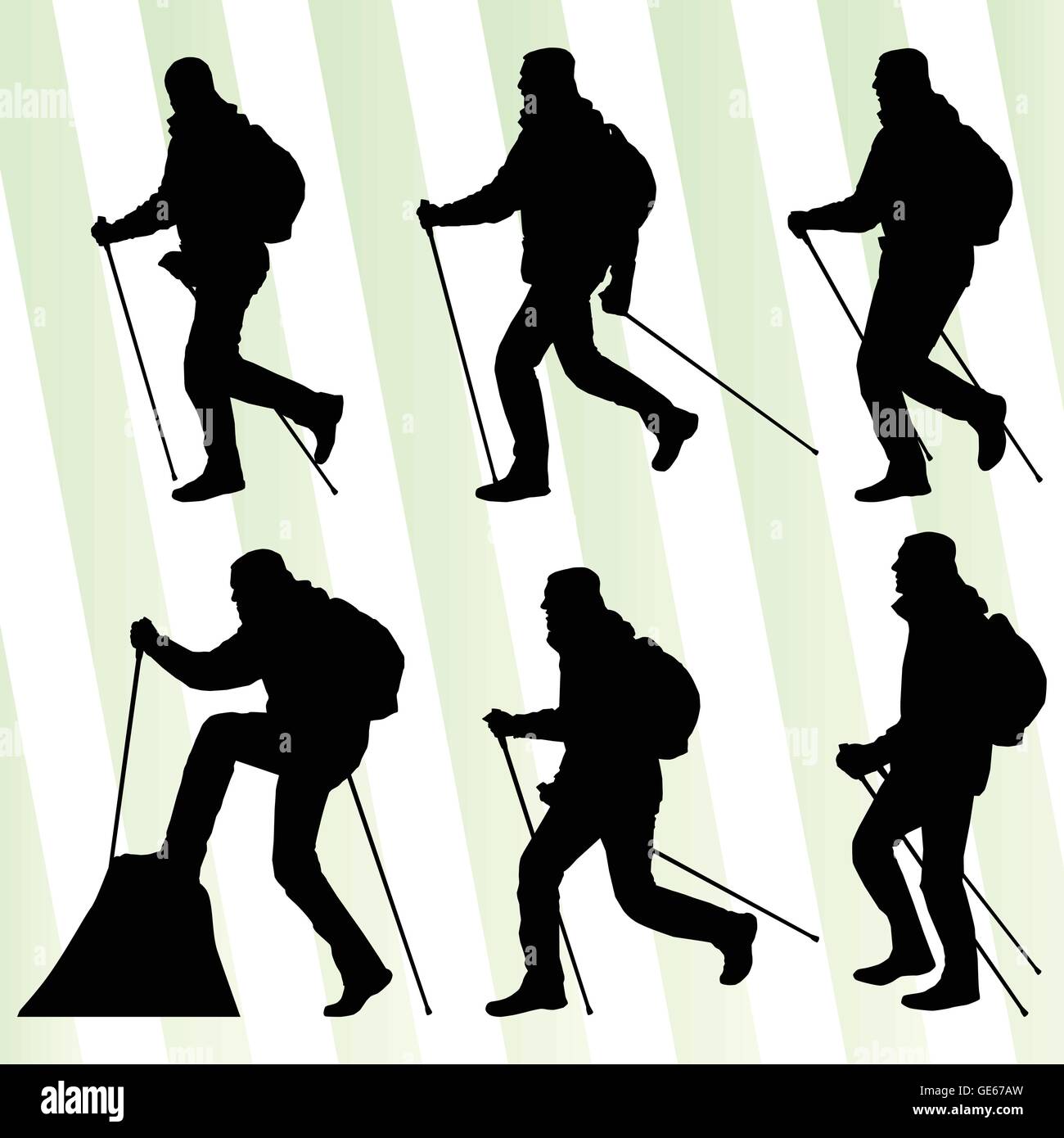 Man hiking adventure nordic walking with poles vector illustration set ...