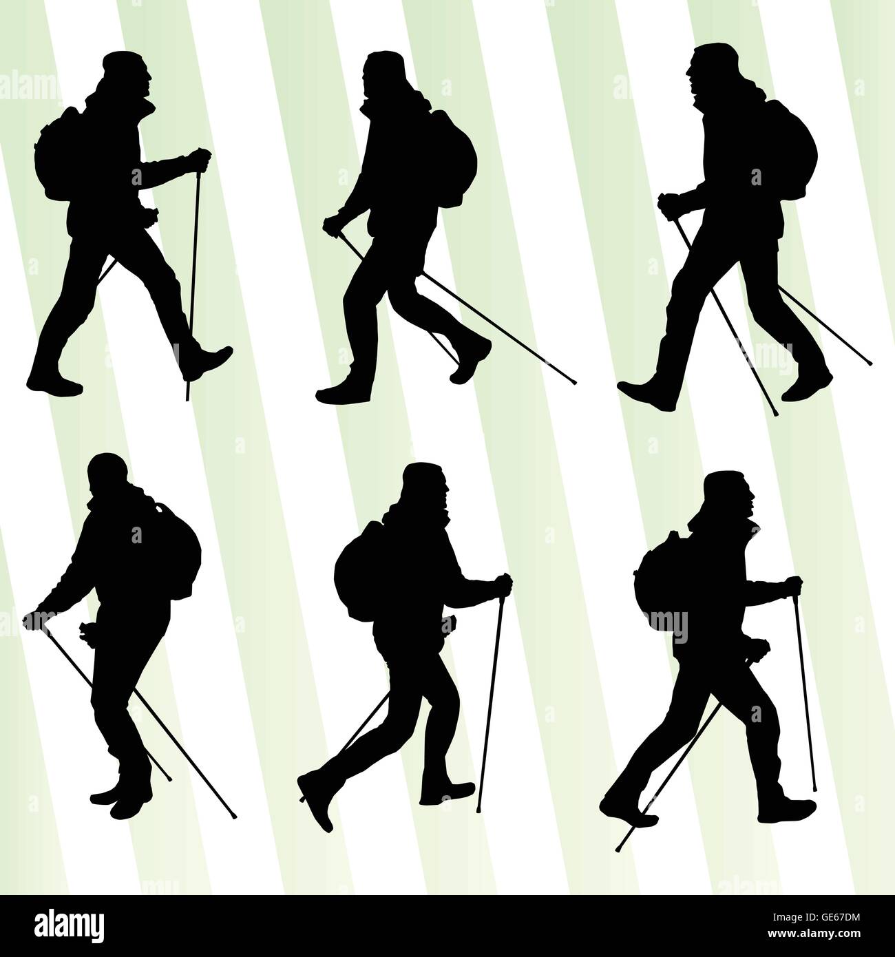 Man hiking adventure nordic walking with poles vector illustration set ...