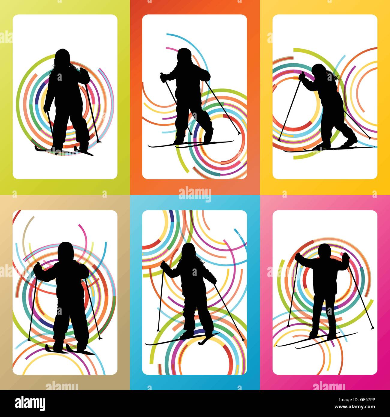 Active children, kid skiing set sport silhouette vector background ...