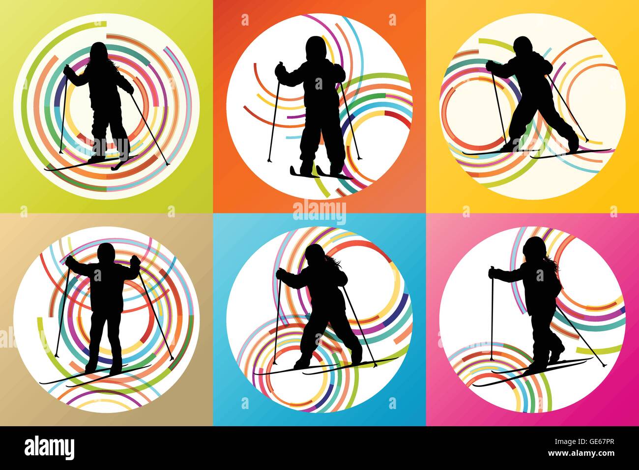 Active children, kid skiing set sport silhouette vector background ...