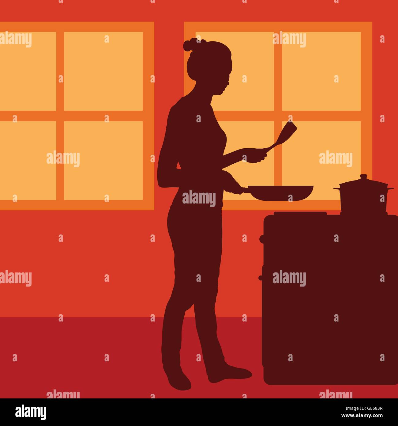 Cook woman or housewife in kitchen vector background Stock Vector Image ...