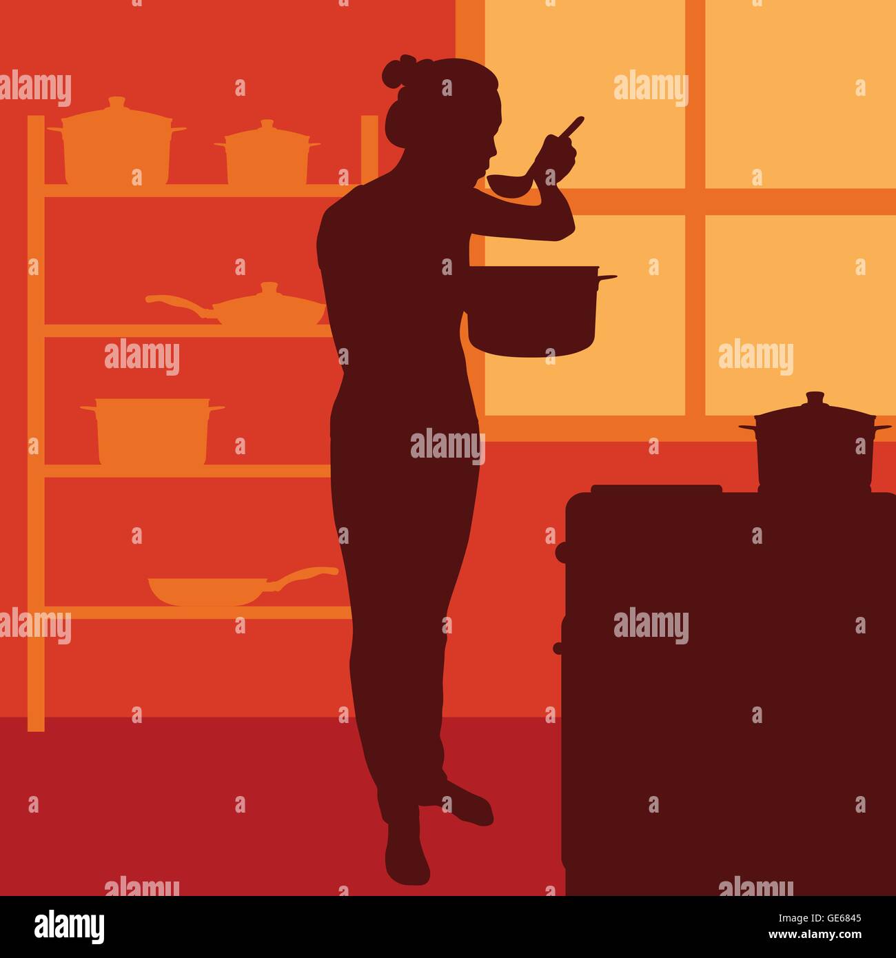 Cook woman or housewife in kitchen vector background Stock Vector Image ...