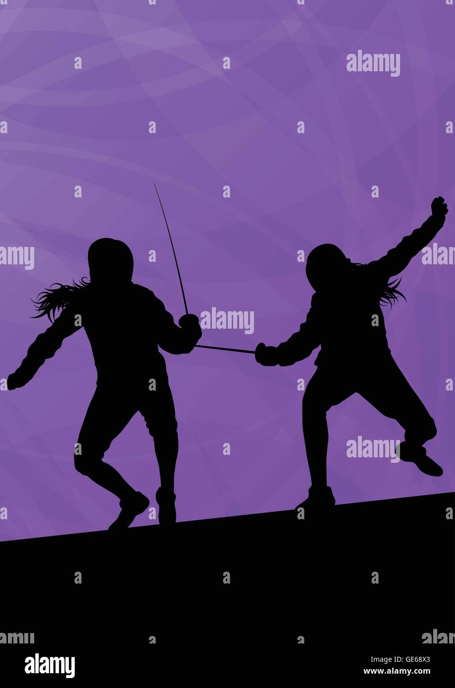 Sword fighters active young women fencing sport silhouettes vector ...