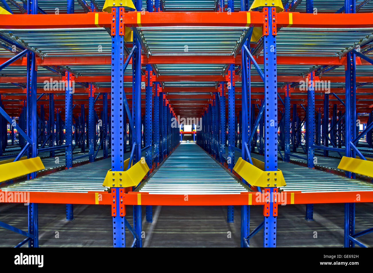 Distribution center warehouse storage inside shelving, metal racking ...