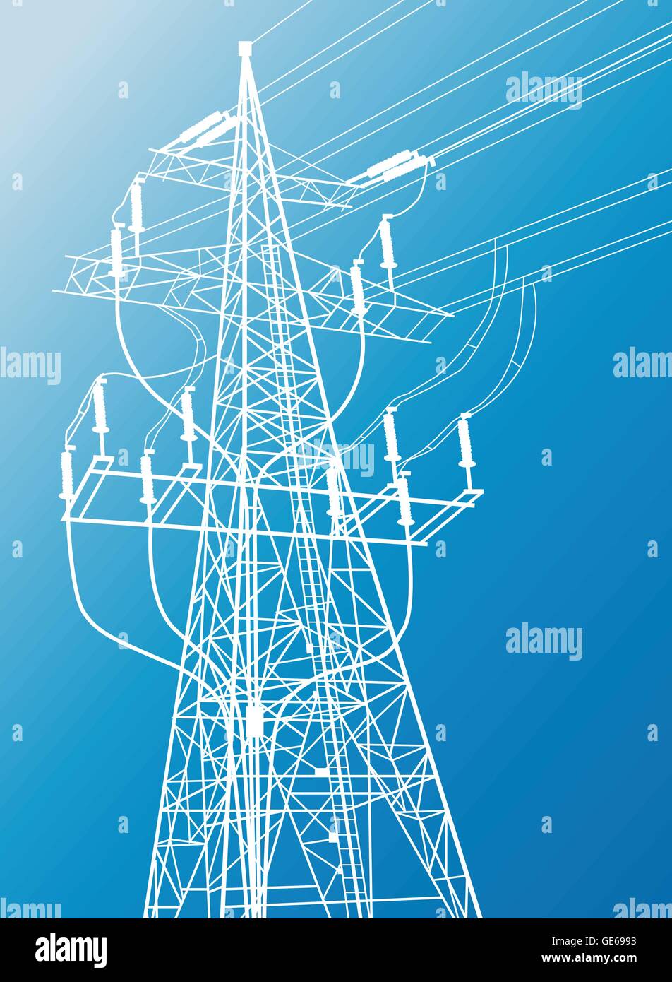 High voltage power lines and pylon vector background for poster Stock ...