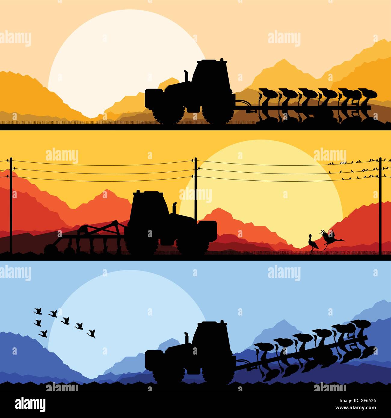 Tractor plowing field autumn rural landscape windmill hi-res stock ...