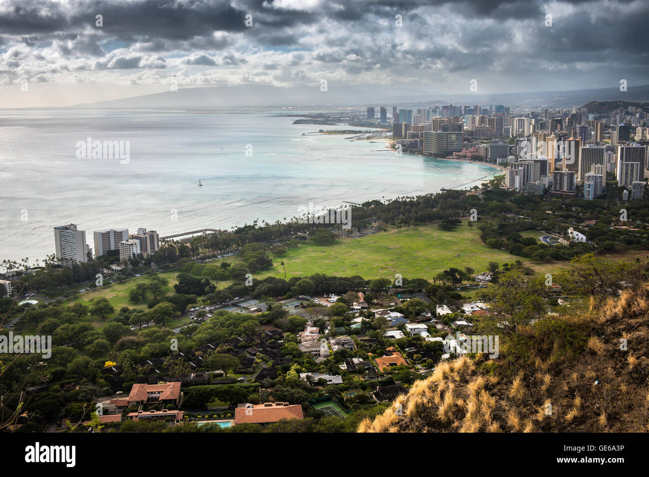 Beautiful top view of Honolulu from Diamond Head, Hawaii Stock Photo ...