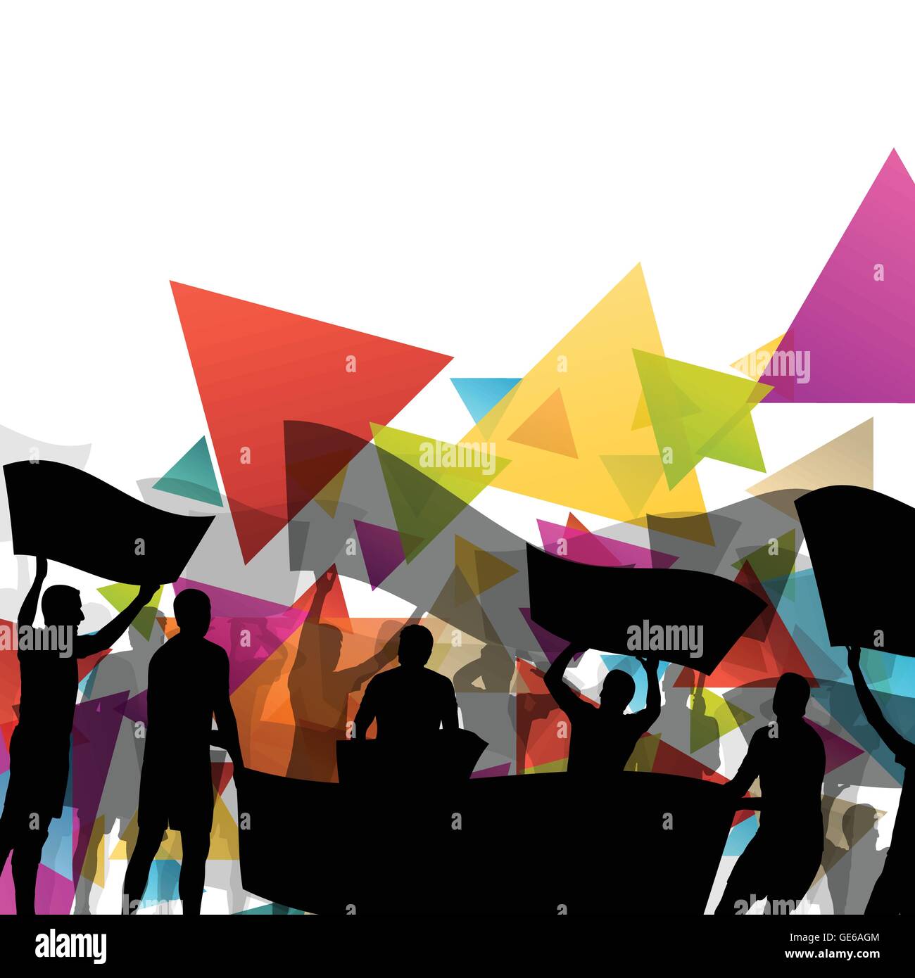 People silhouettes of cheering or protesting man and women with banners ...