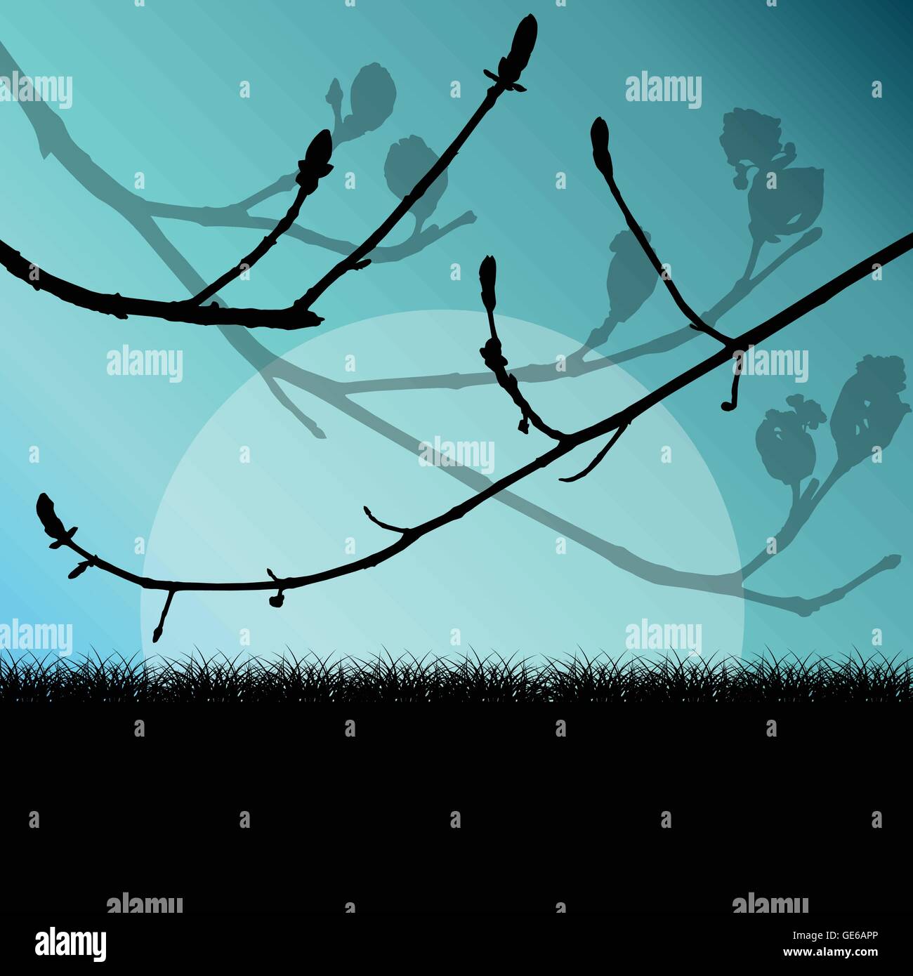 Tree branch with buds spring vector background landscape with grass ...